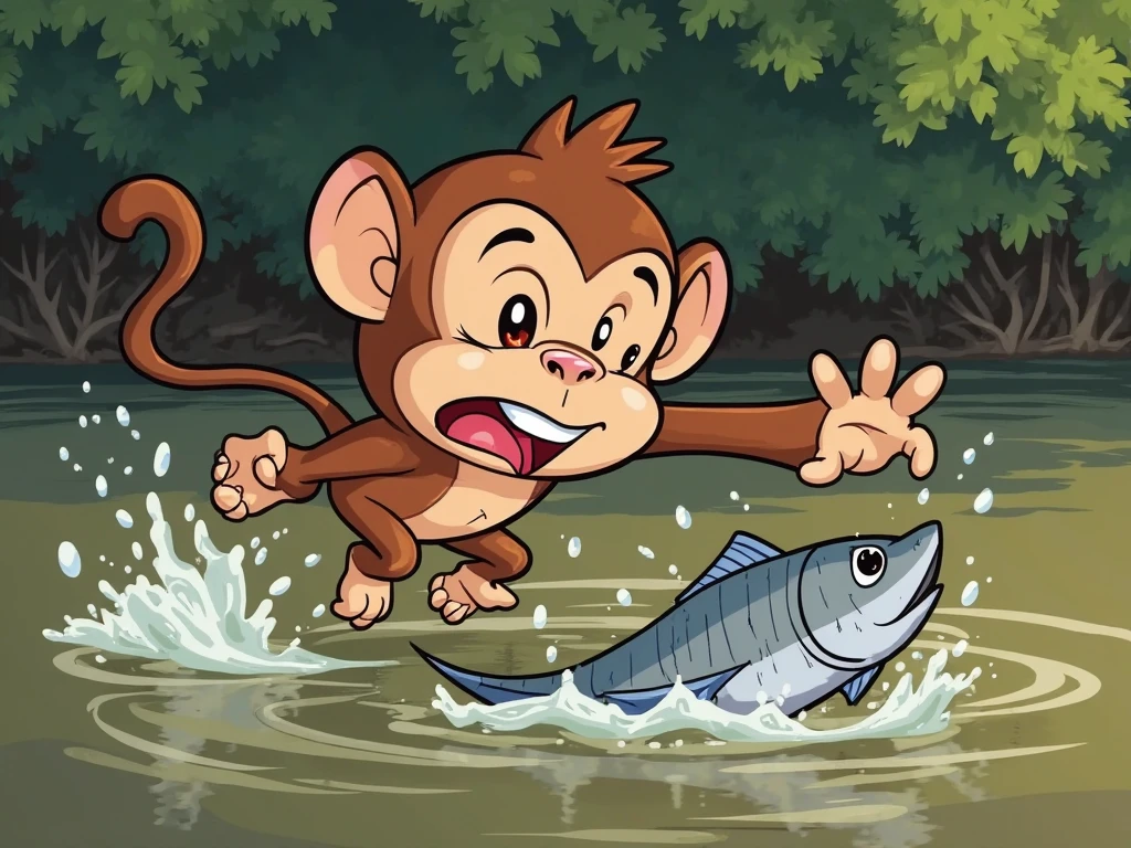 Milo (a determined monkey cartoon) diving into the murky river with a ...