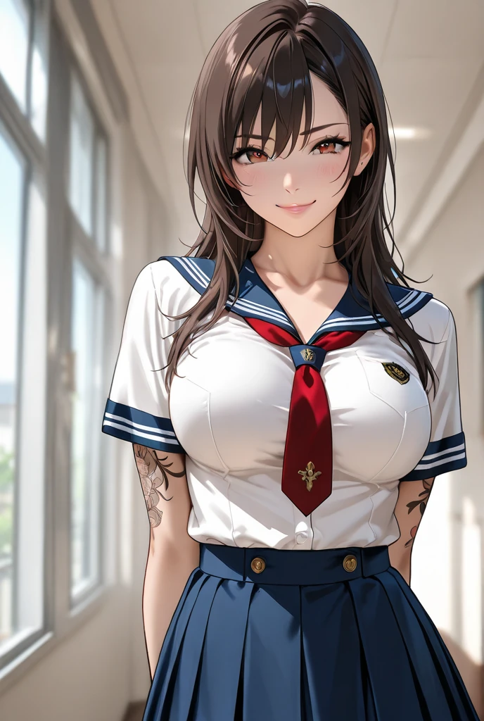 Girl in short, tattooed school uniform and mischievous face - SeaArt AI