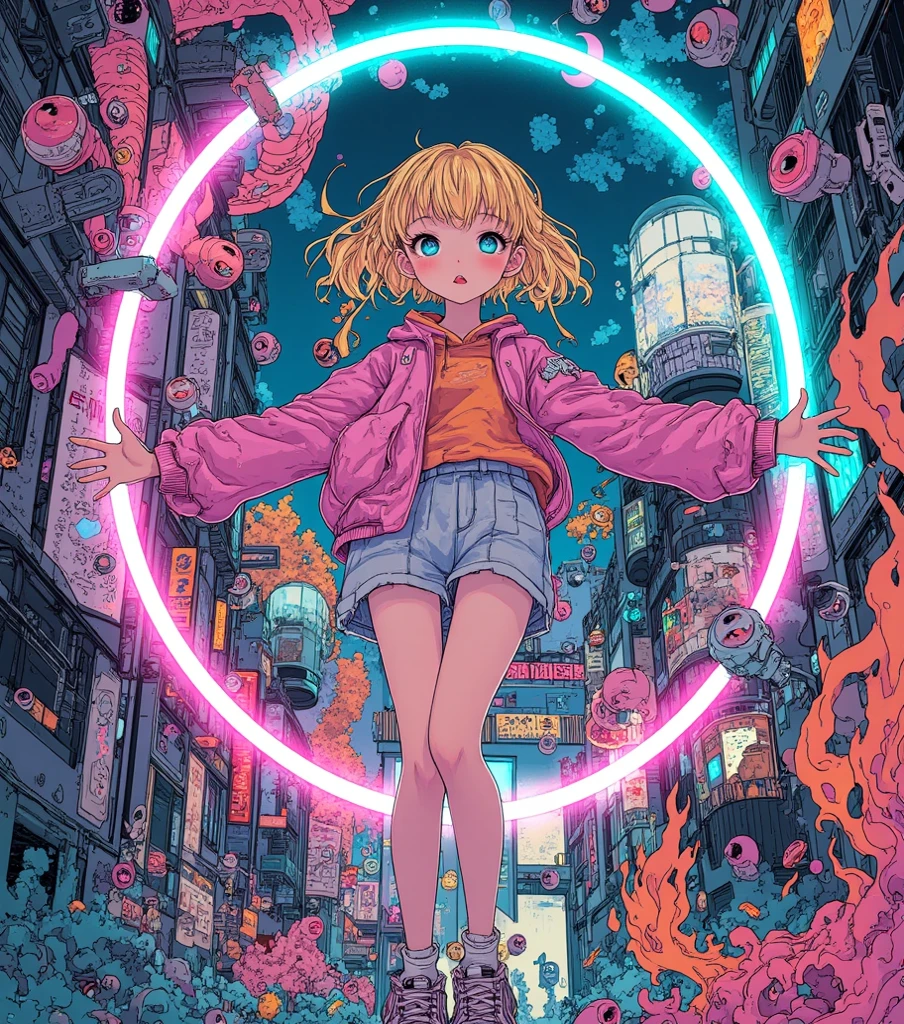 ((full body))((neon hula hoop)) ((jumping into hula hoop)) ( - SeaArt AI