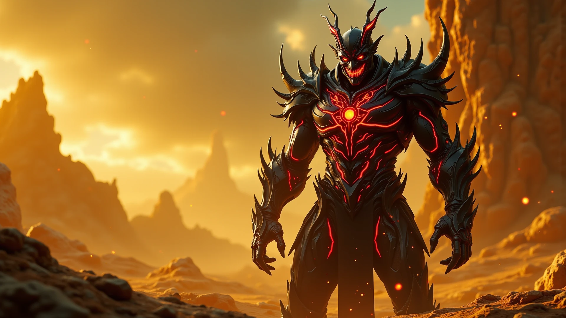 "A medium-wide shot of a menacing villain in 2300 in Flux.04 style ...