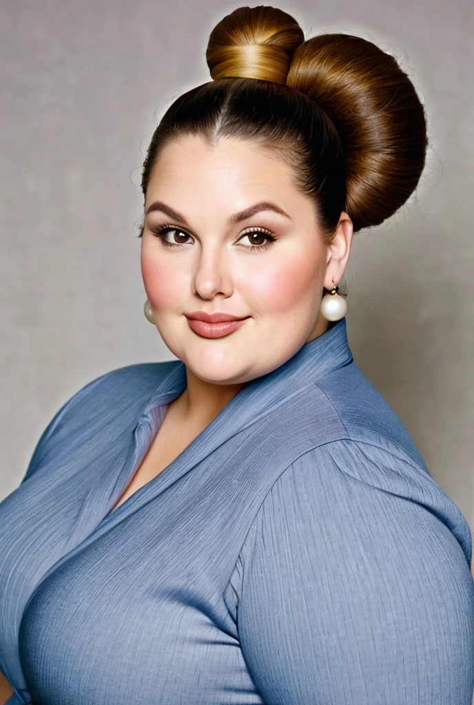 Plump woman, big woman, in late 30s, wide cheeks, hair bun, bbw - SeaArt AI
