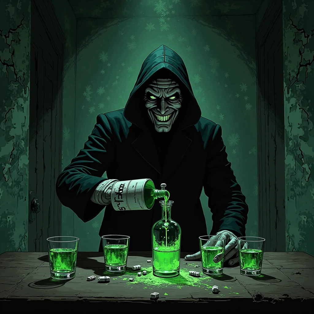 Noir comic book style digital art. In a dimly lit, abandoned room with ...