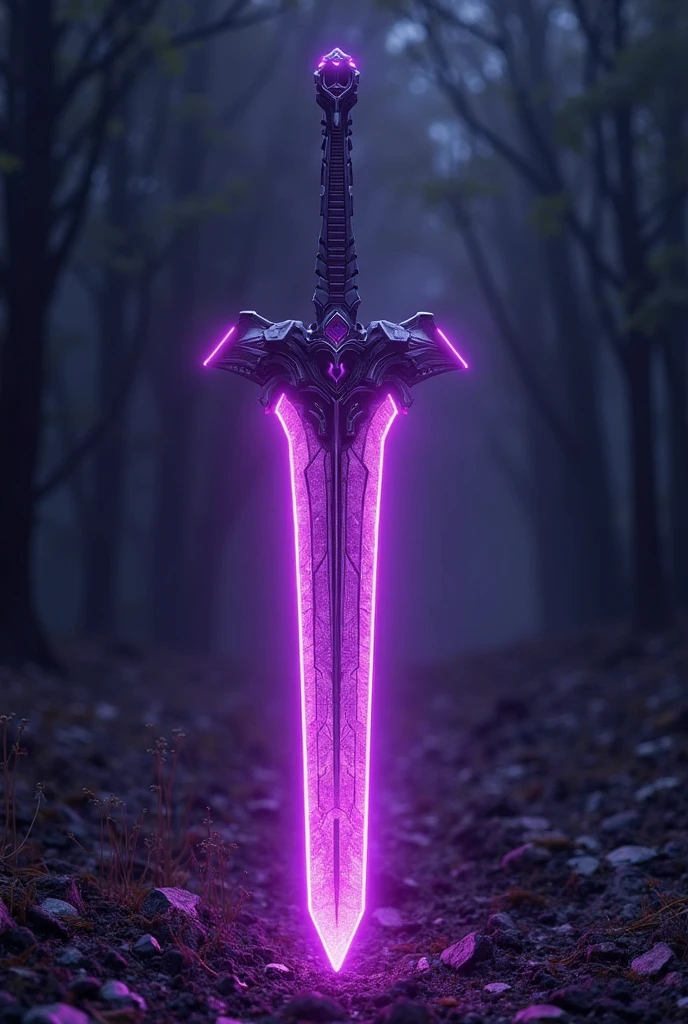 A techno sword stuck in the ground shines with neon purple light ...