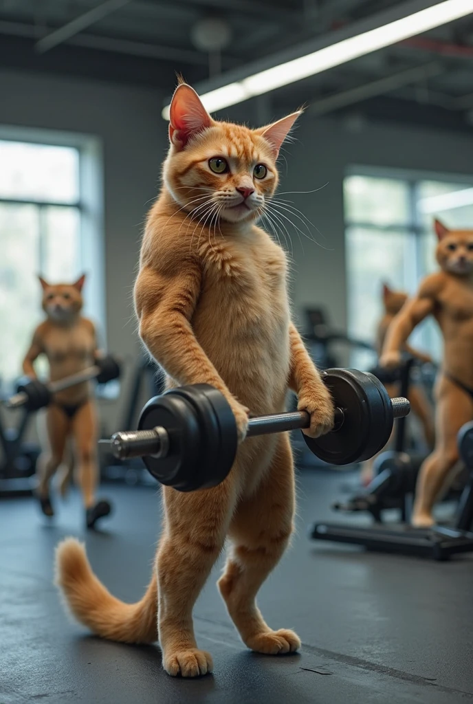 "In a fully equipped modern gym, a muscular cat stands upright like a ...