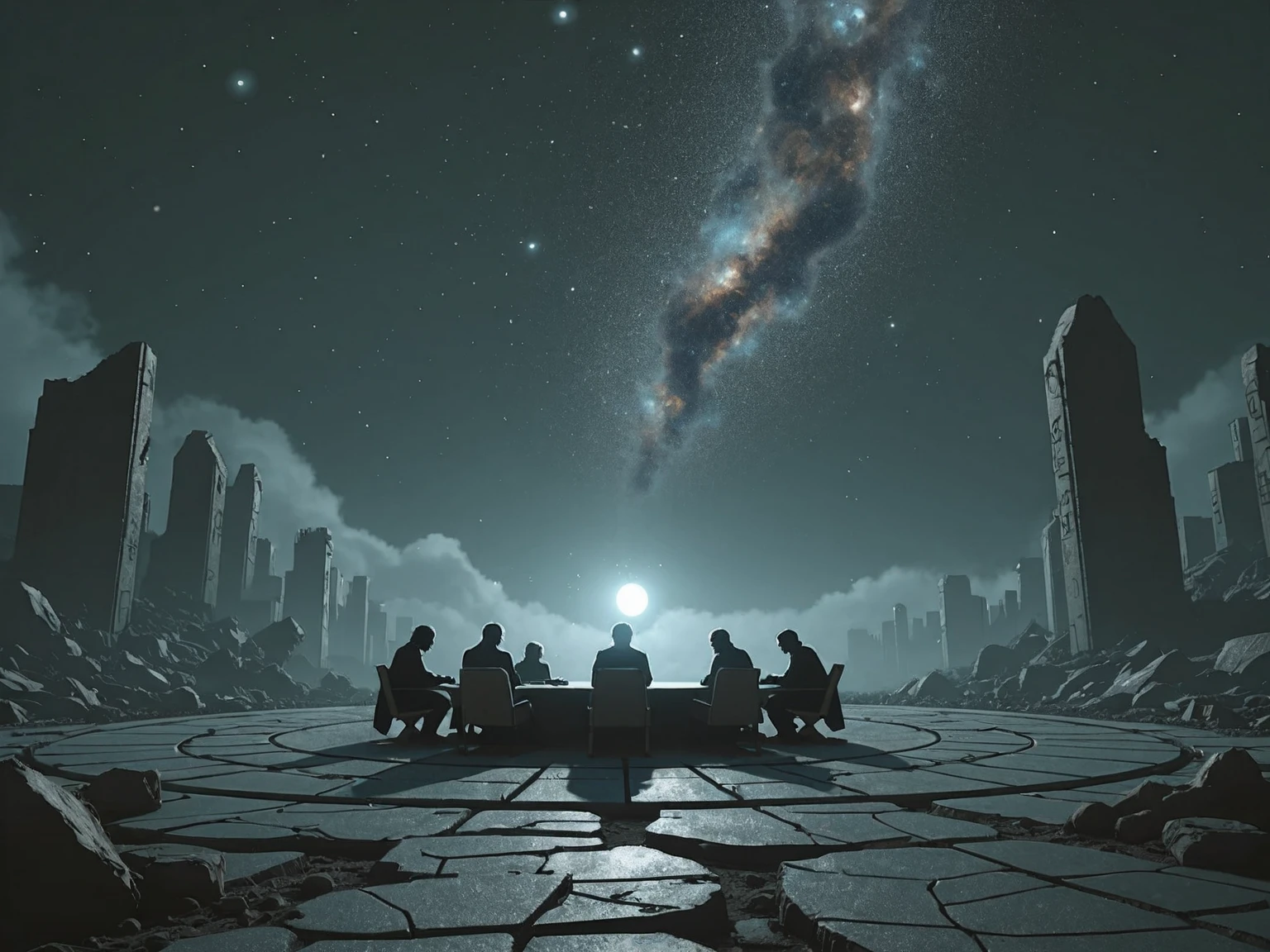 A vast, open, post-apocalyptic plaza, lying at the heart of a ruined ...