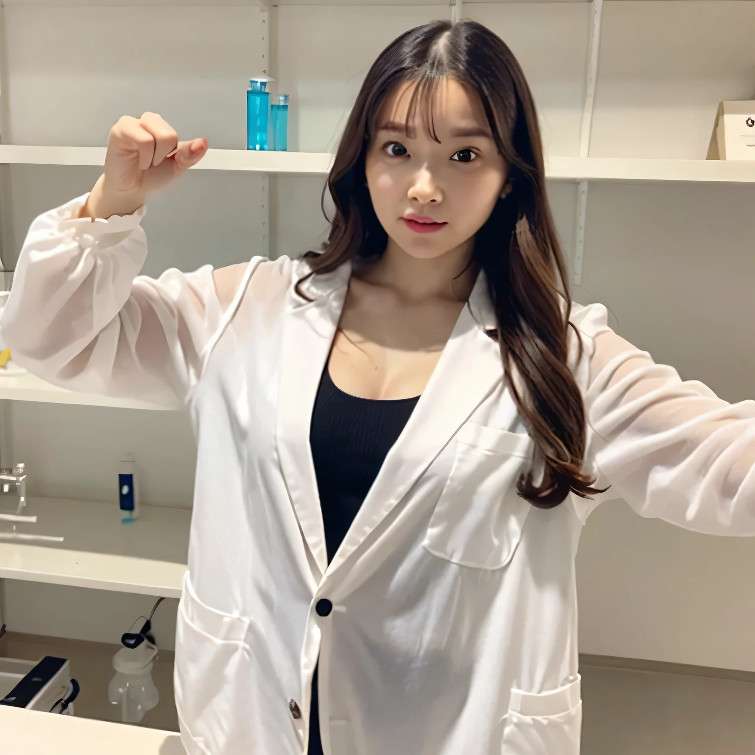 Depict a 20-year-old, stunningly beautiful woman conducting an ...