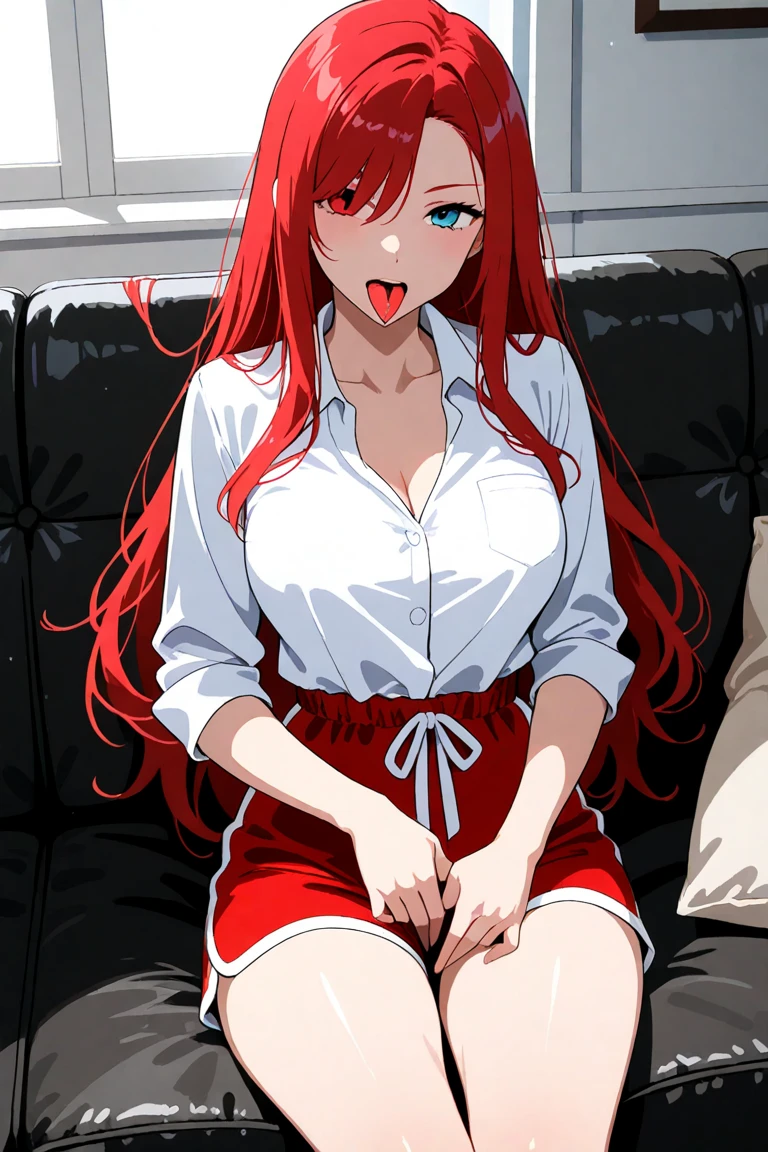 Holding pussy wearing red shorts white shirt tongue out eye love redhead in tie - SeaArt AI