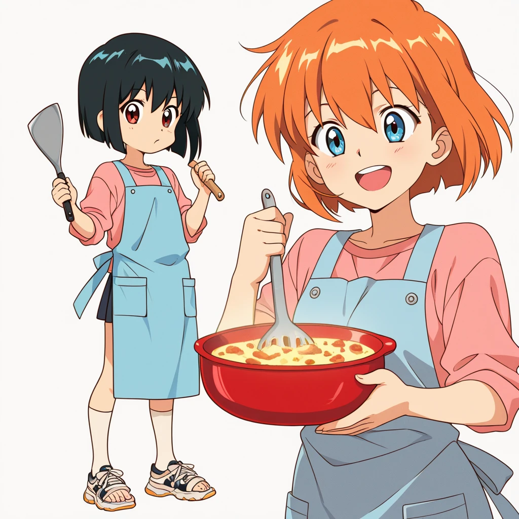 High school girls wearing aprons are cooking. Anime-style illustration ...