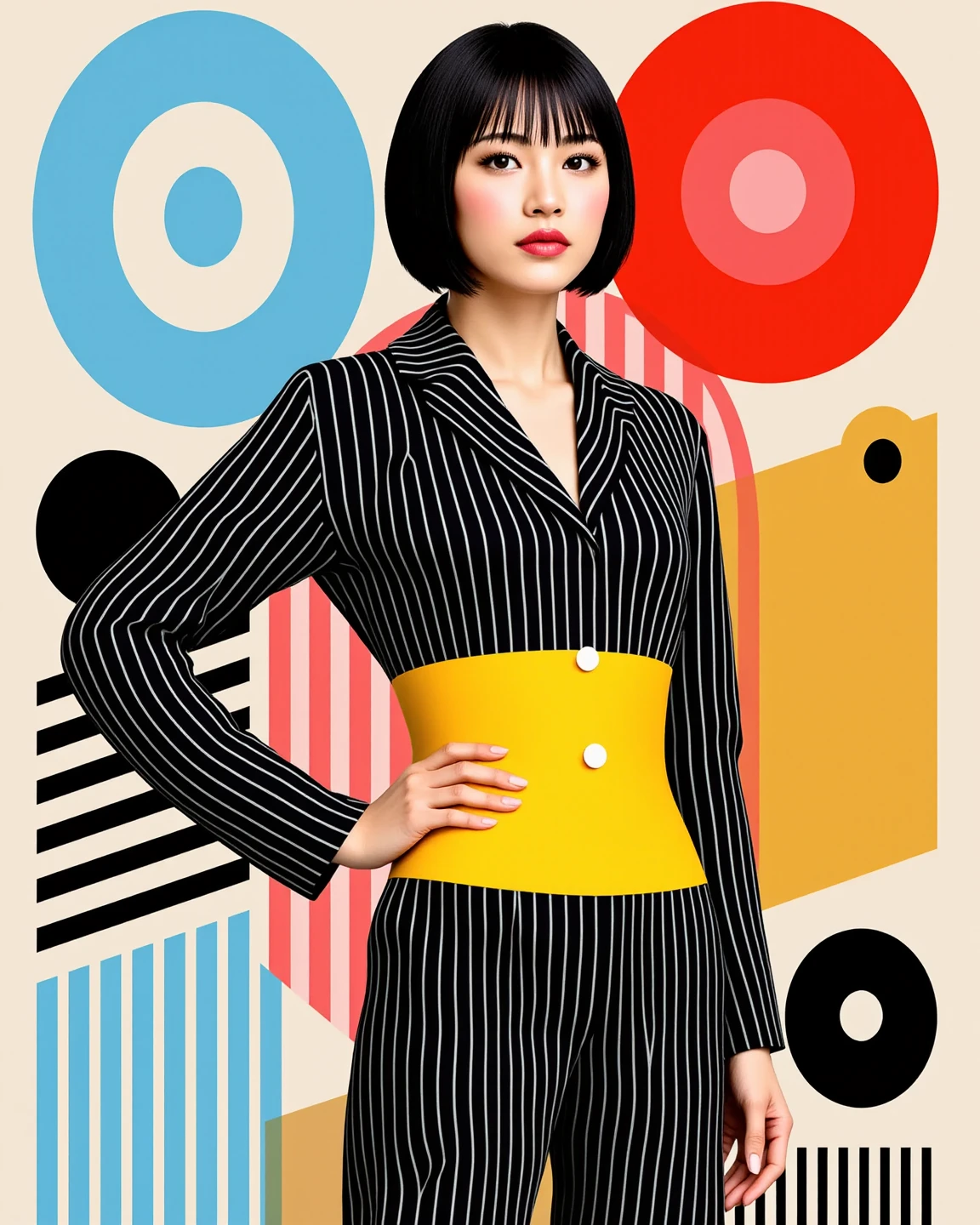 A fashionable woman in 1920s Bauhaus-inspired modernist clothing ...