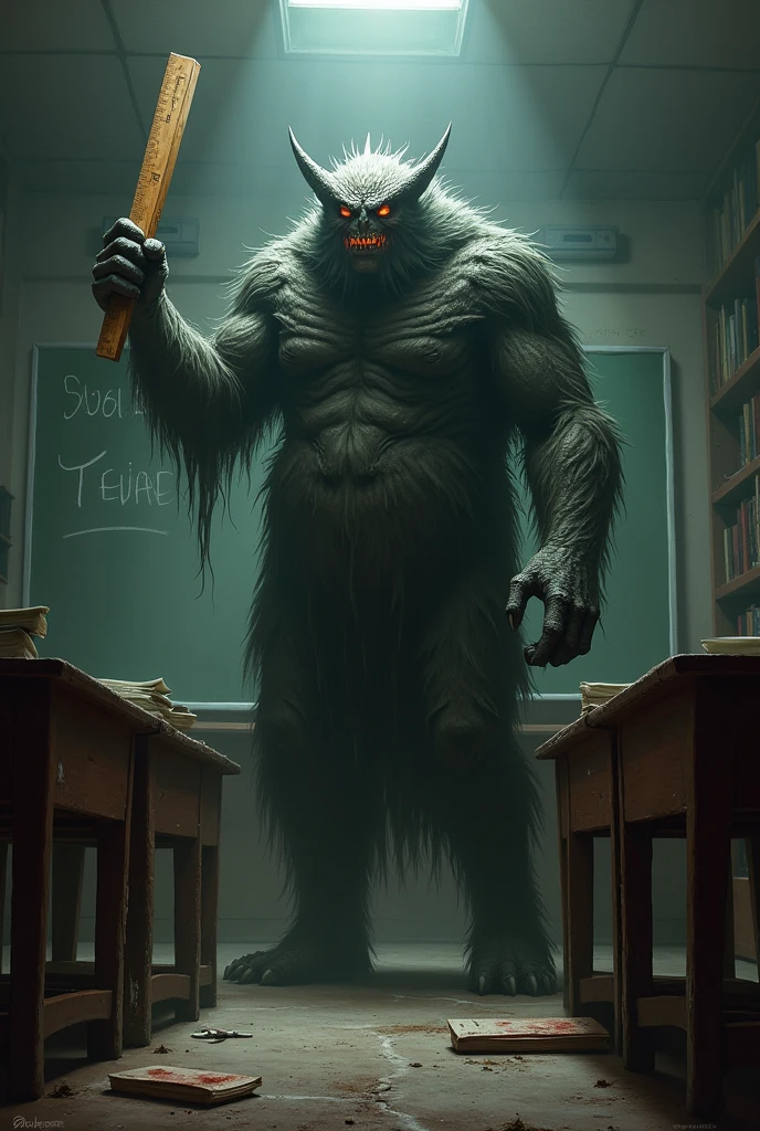 Photo of the monster teacher holding the ruler - SeaArt AI