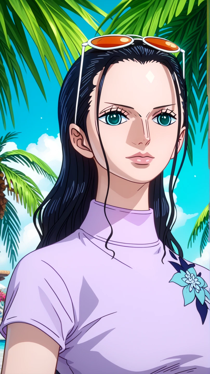Waist-up portrait of Nico Robin in 3D anime-realistic style, long black ...