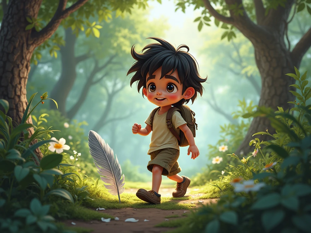 boy Long Tarzan-style black hair Wearing a t-shirt and pants Carrying a ...