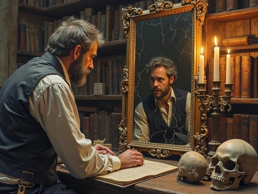 "A solitary philosopher in a candle-lit study, surrounded by ancient ...