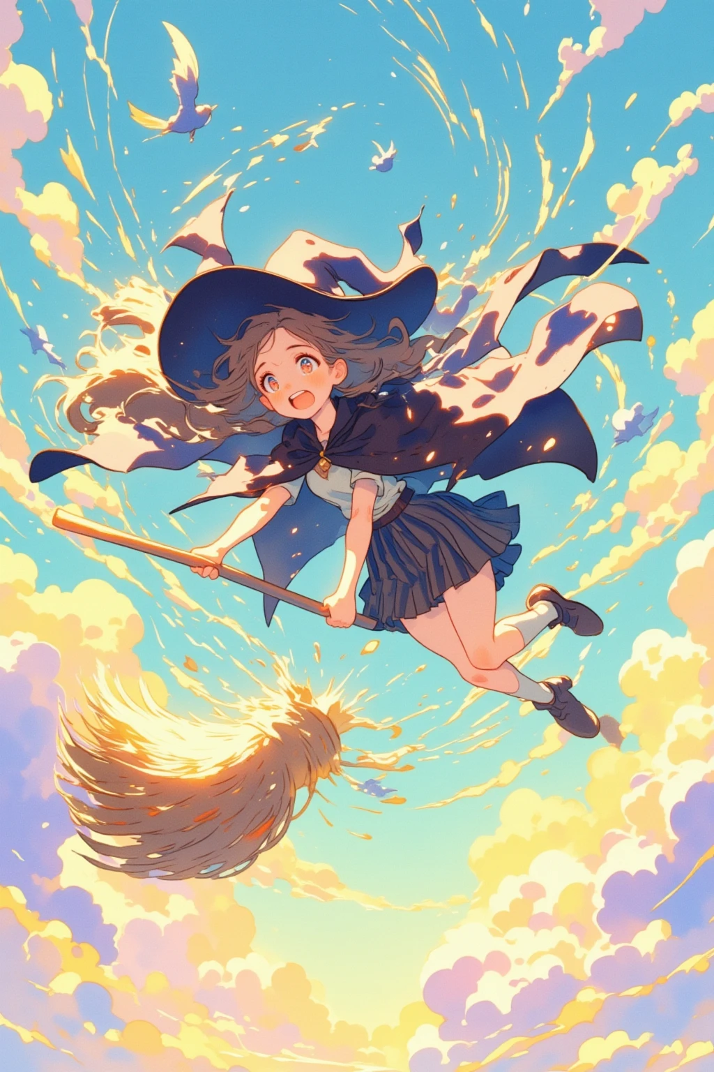 Dynamic mid-air shot, a young witch being wildly tossed around by a ...