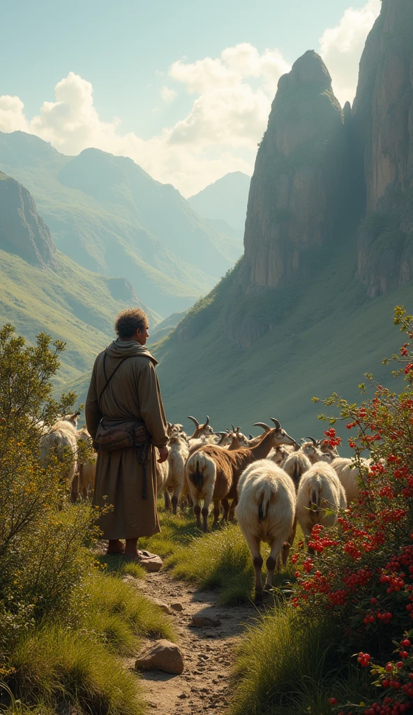 Ancient Ethiopian goat herder surrounded by energetic goats, red ...