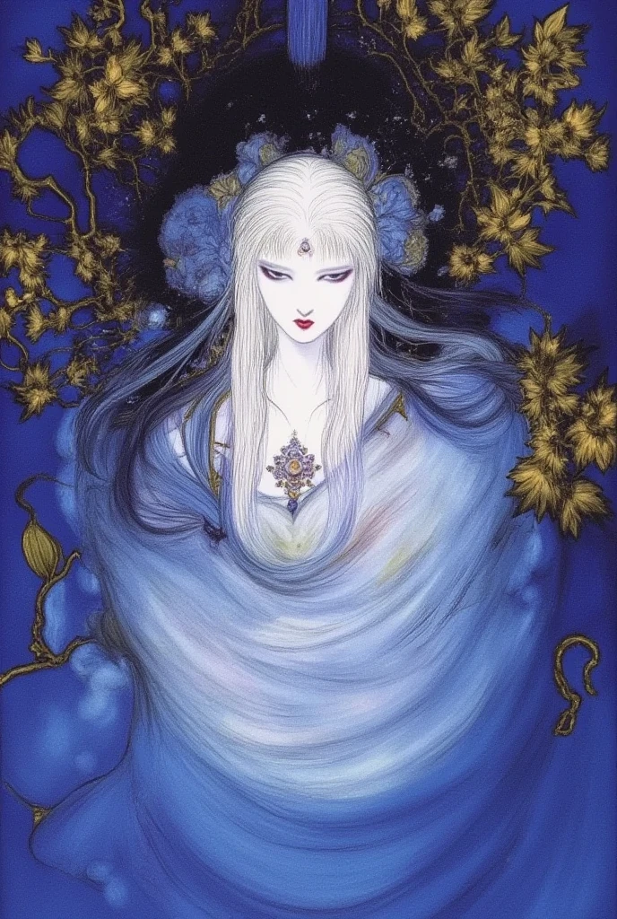 A mystical figure with flowing white hair and a glowing, ethereal blue ...