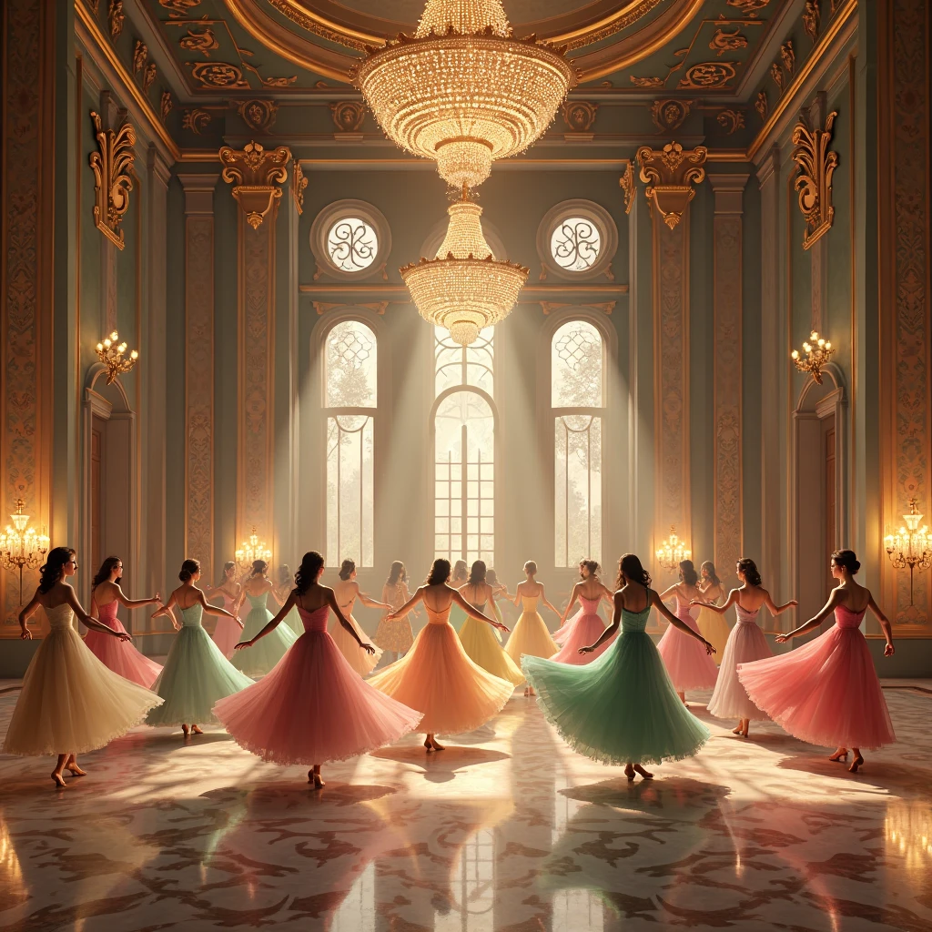 "Create an image of twelve dancing princesses in elegant gowns inside a ...