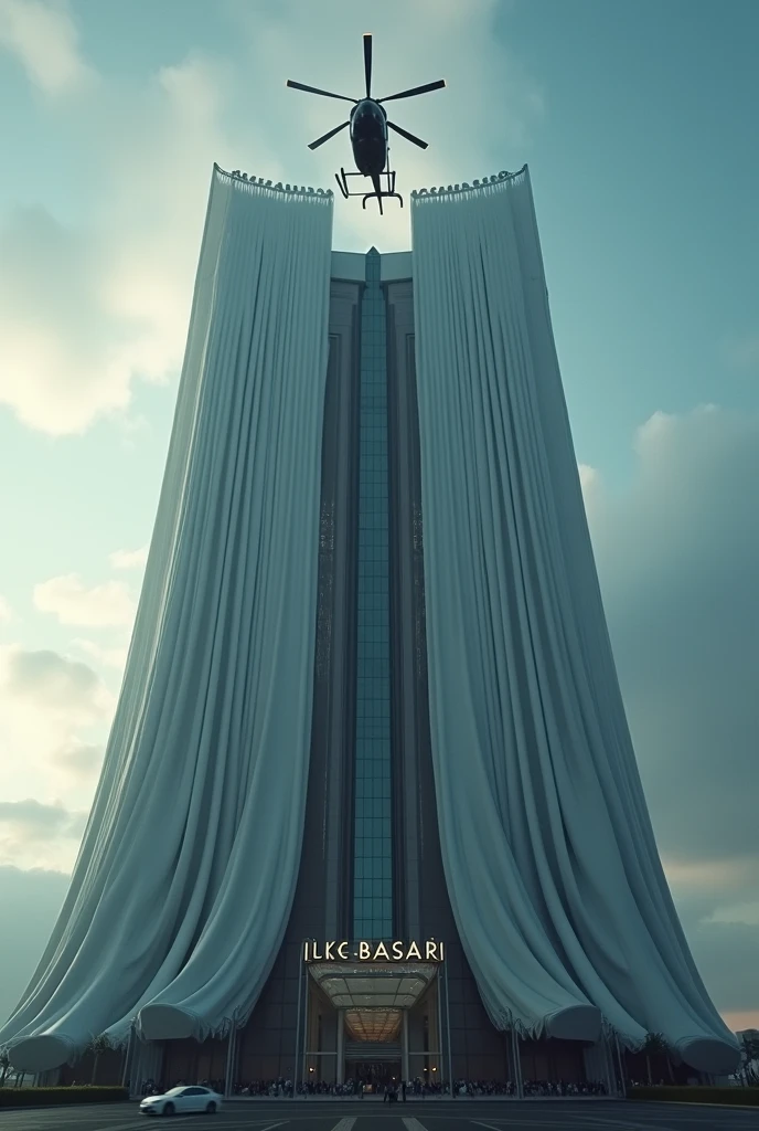 A large modern skyscraper with a massive curtain covering its front ...