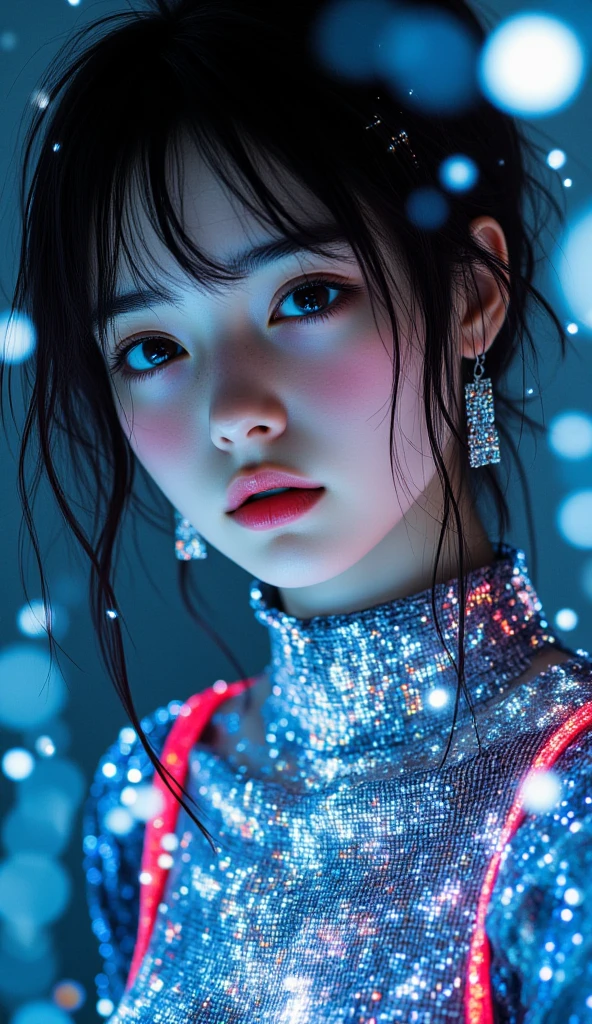 Cyber-fantasy Japanese idol (20 years old) with skin surface displaying ...