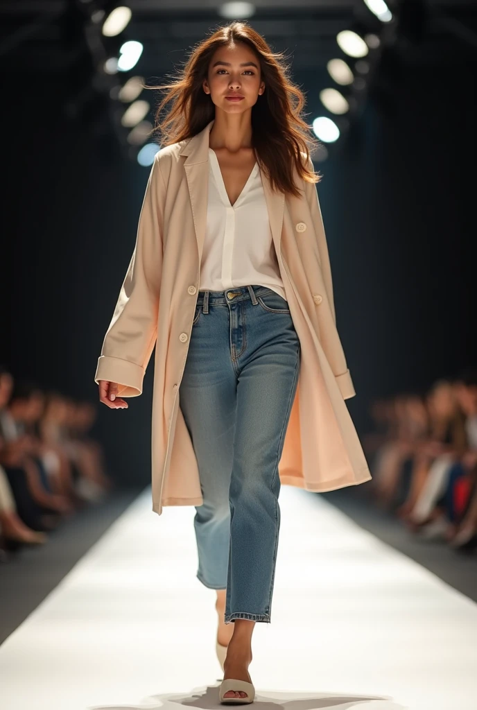 "A stylish model girl walking confidently down a runway, wearing ...