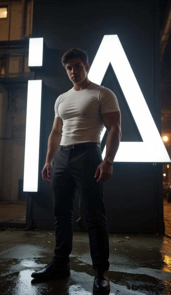 Male model posing in front of a sign with the acronyms "IA" - SeaArt AI