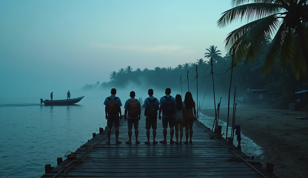 A wide view of a quiet wooden jetty in a Malaysian coastal village at ...