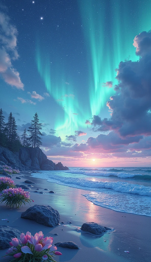 Create a anime style landscape image. (extreme light，fritillary light ...