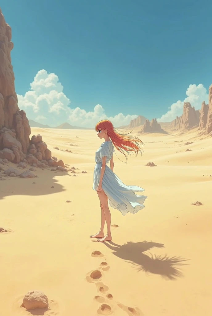 anime girl walking barefoot in desert - SeaArt AI