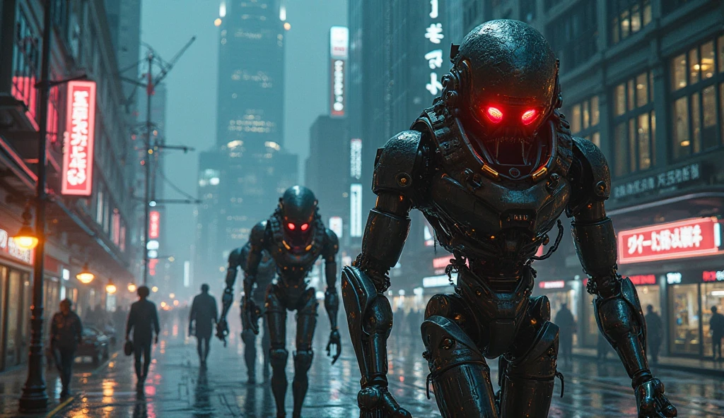 Robots with red lights and a criminal look walk around the futuristic ...