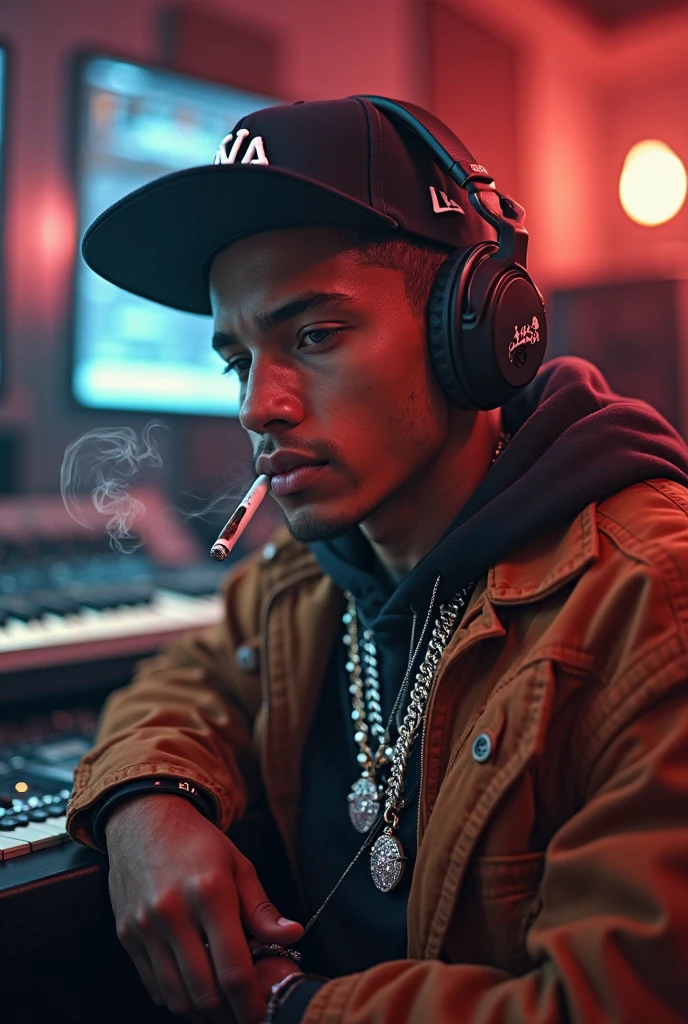 Young Argentinian man listening to his music in the recording studio ...