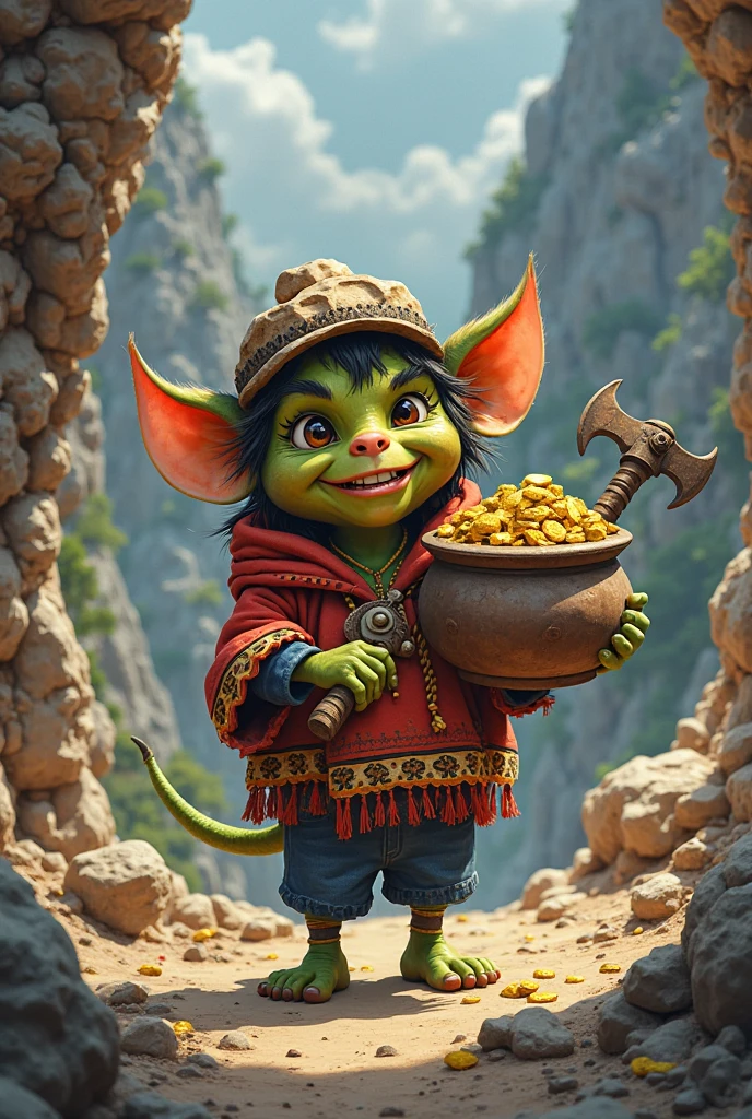 Mining goblin with poncho pico pot of gold and carrying coca leaves ...