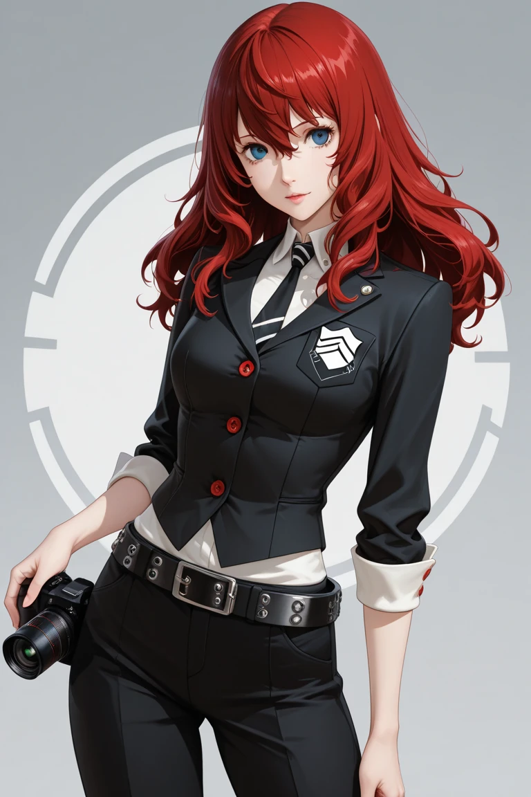 Make a girl in the trait of Persona 5 at an angle of face 3/4 looking ...