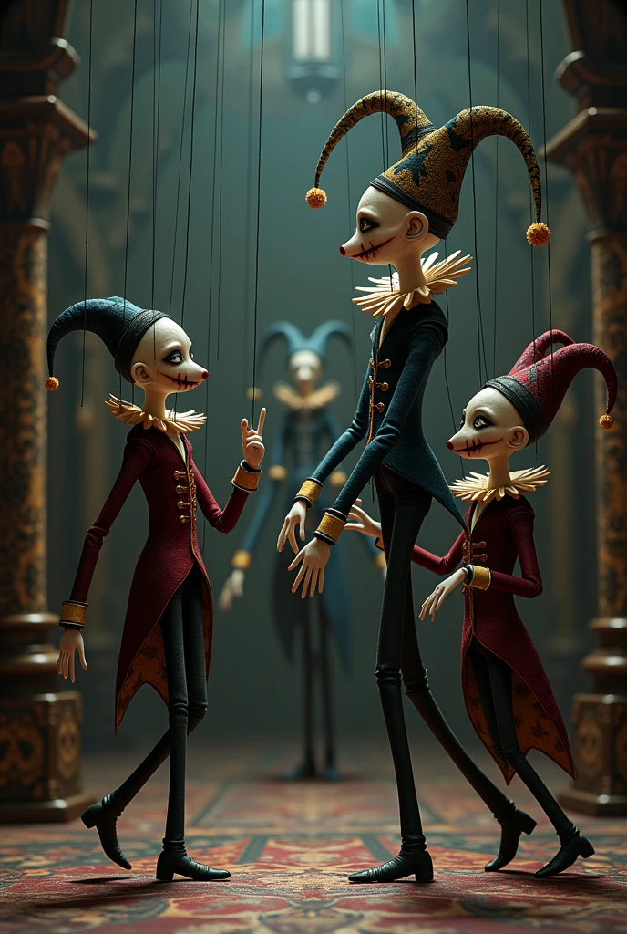 Marionette show. The marionettes are court jesters with designs ...