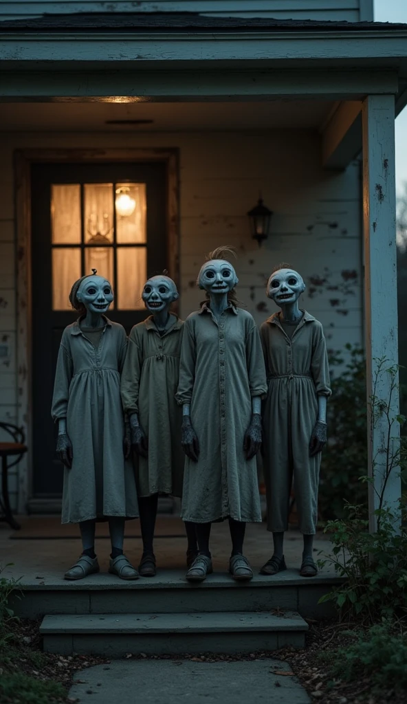 A dimly lit front porch at twilight, where a group of pale, smiling ren ...