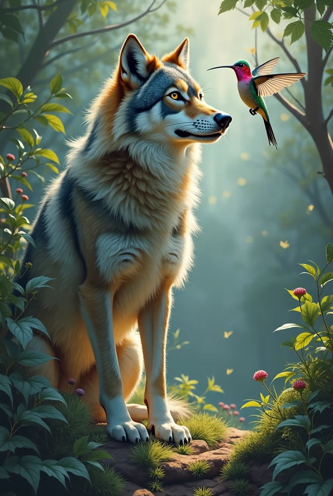 A wolf and a hummingbird as totems, The black or gray wolf - SeaArt AI