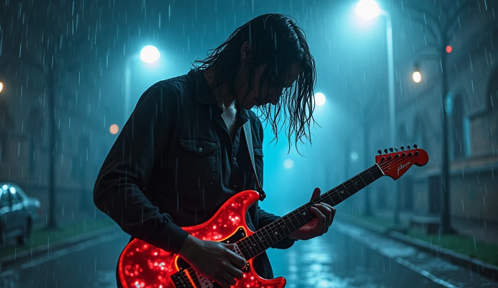 The Guitarist Pose: De perfil, head down, long wet hair (Rain effect ...