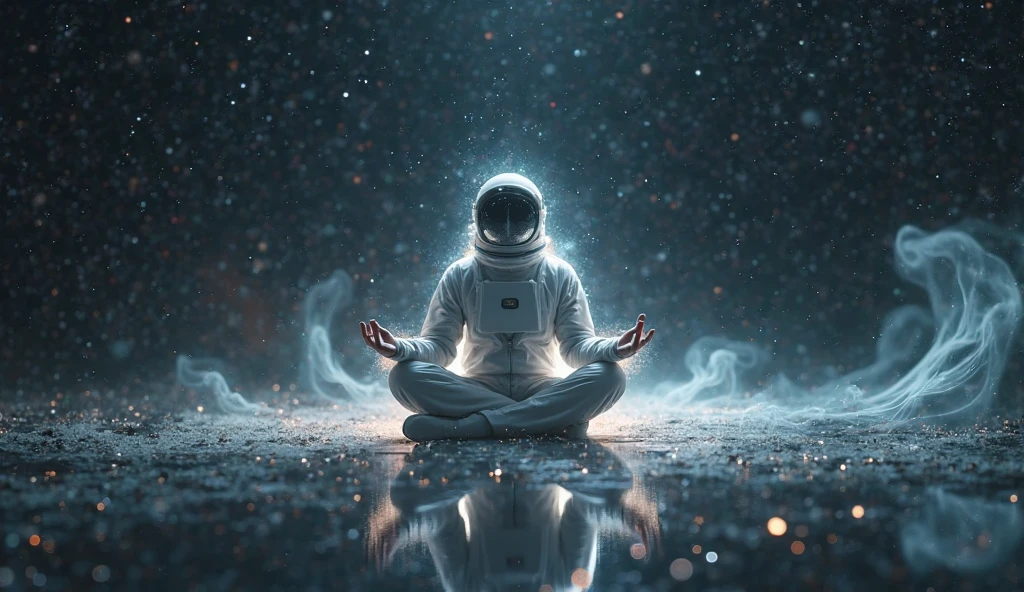 A floating astronaut meditating in zero gravity, surrounded by glowing celestial - SeaArt AI