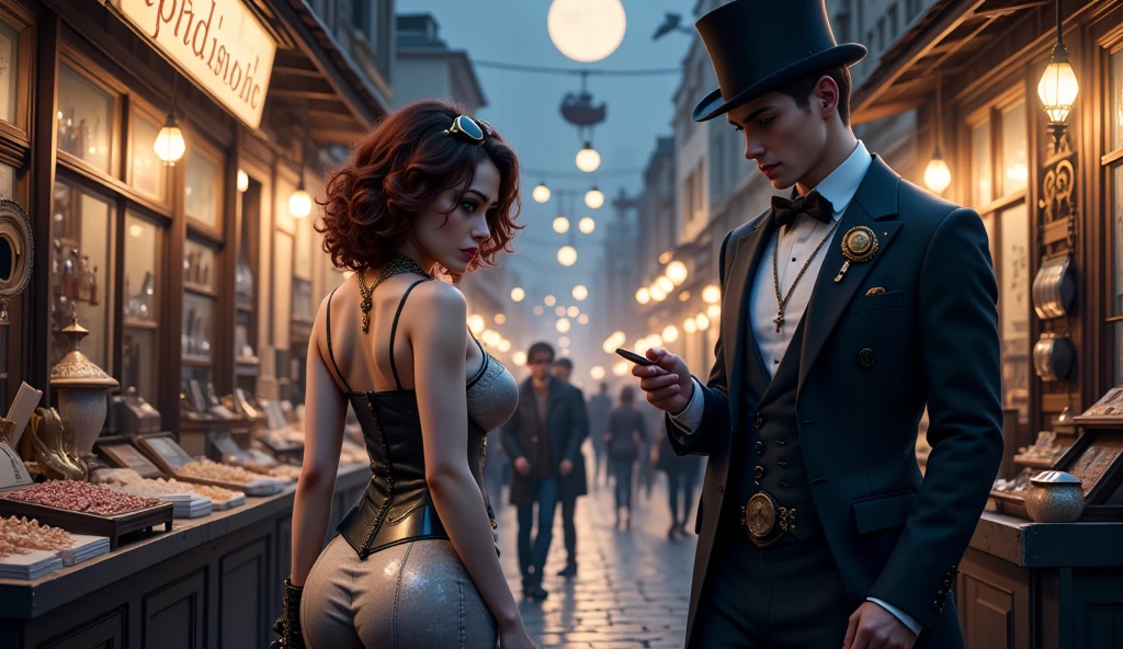 Imagine a Steampunk 2150 night bazaar, with gas-lit stalls selling gear jewelry - SeaArt AI