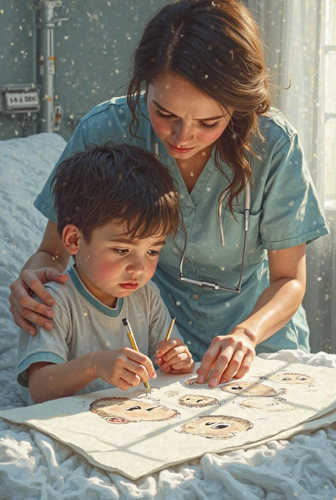In Nurse and patient boy male drawing sad faces on a sheet of paper ...