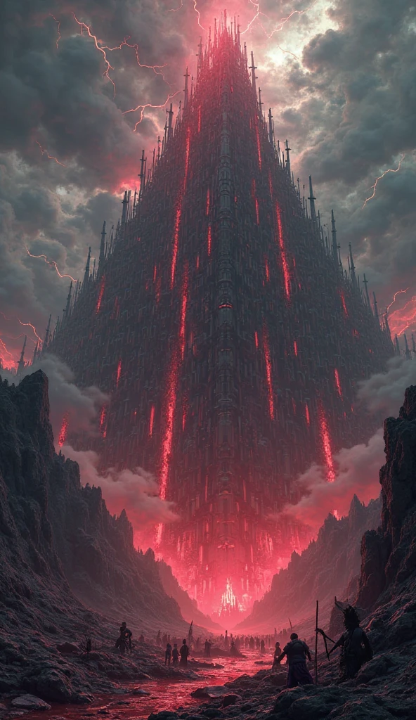 A towering, nightmarish mountain made entirely of massive swords and ...