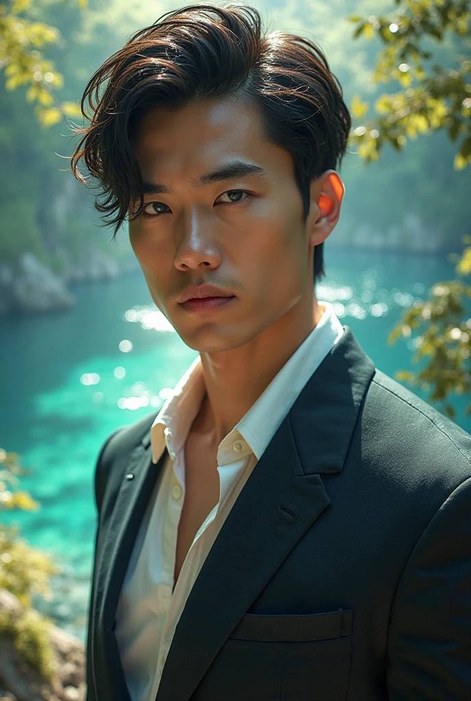 A 20 year old handsome japanese guy, beautiful background, blue eyes ...