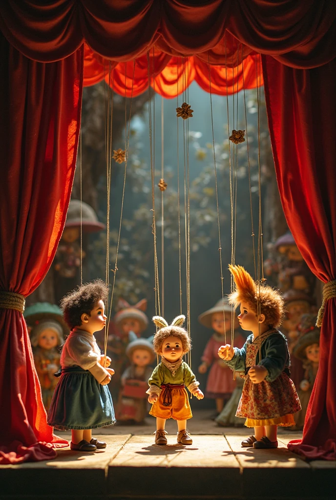 "A whimsical puppet theater stage with articulated puppets suspended by ...