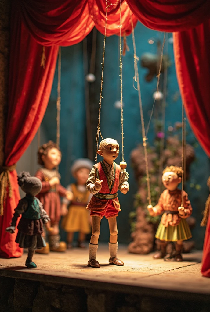 "A whimsical puppet theater stage with articulated puppets suspended by ...