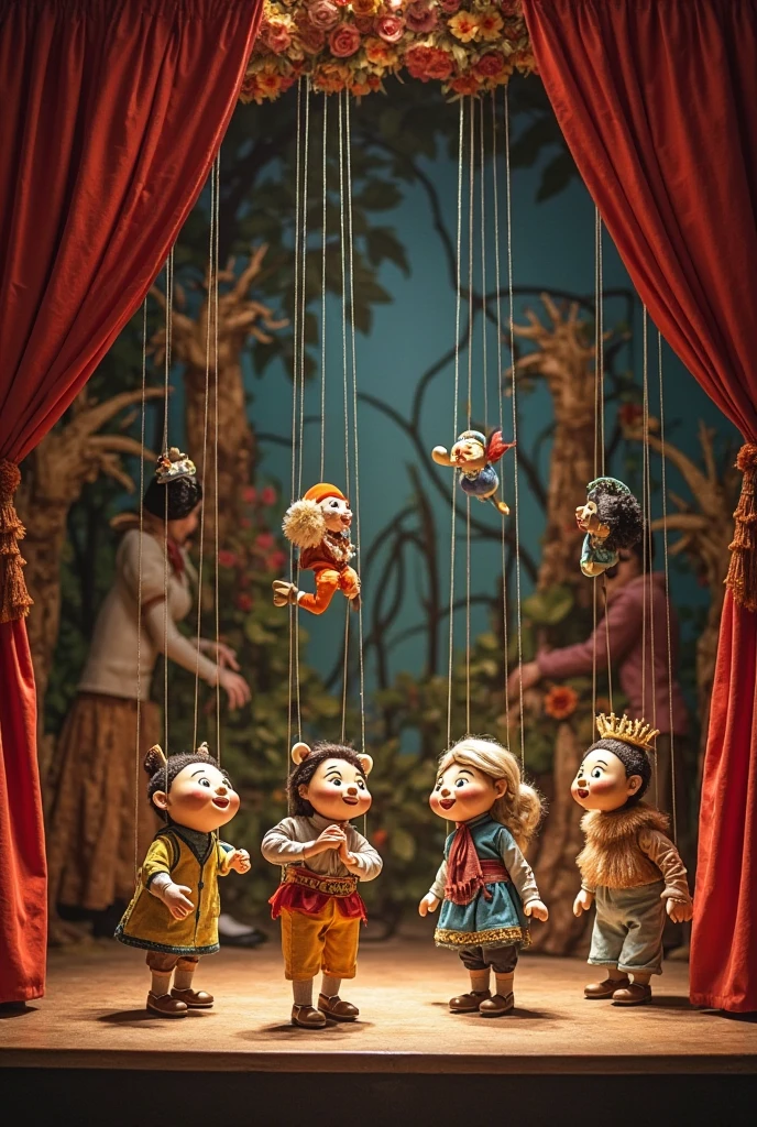 "A whimsical puppet theater stage with articulated puppets suspended by ...