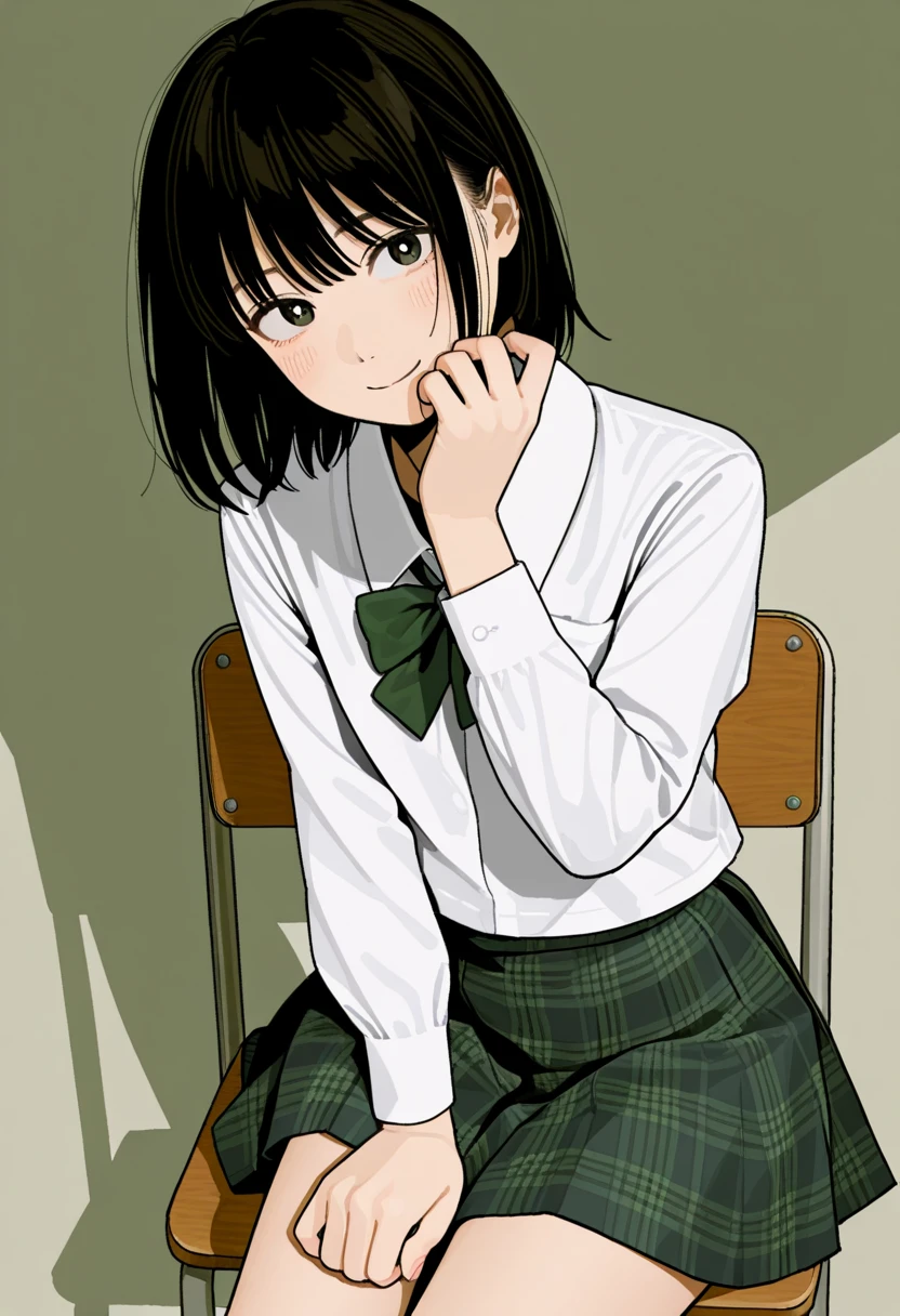 1girl, short black hair, natural face, modest smile, shy expression ...