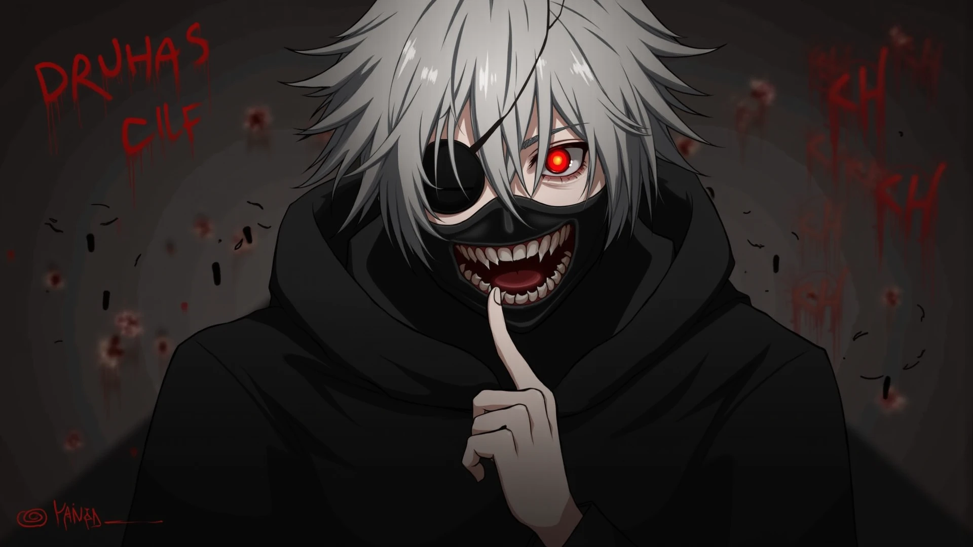 A terrifying anime character with white messy hair, a cracked black ...