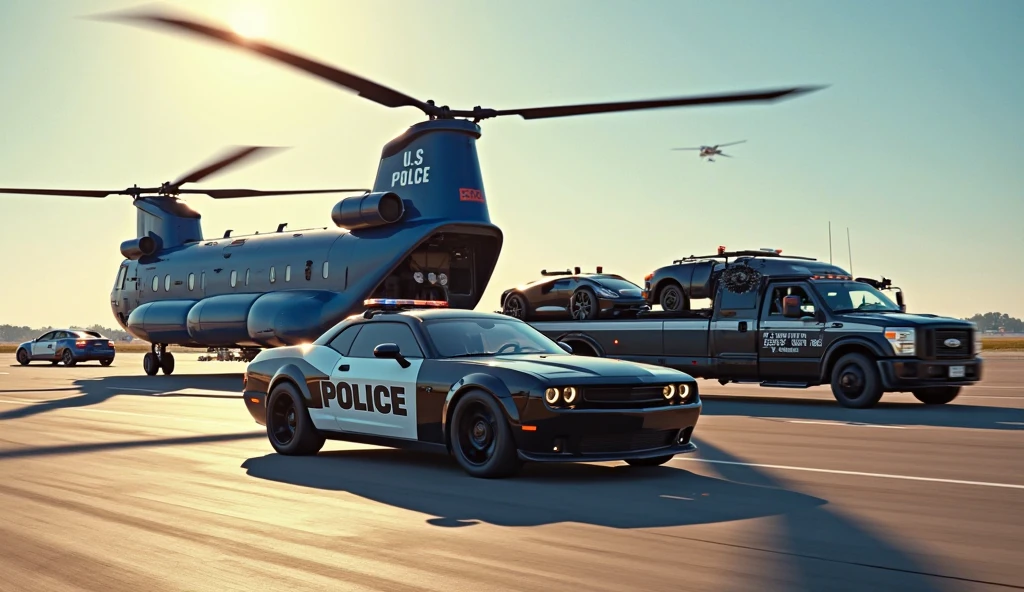 A modern US Police scene set in a sunny and vibrant airport tarmac ...