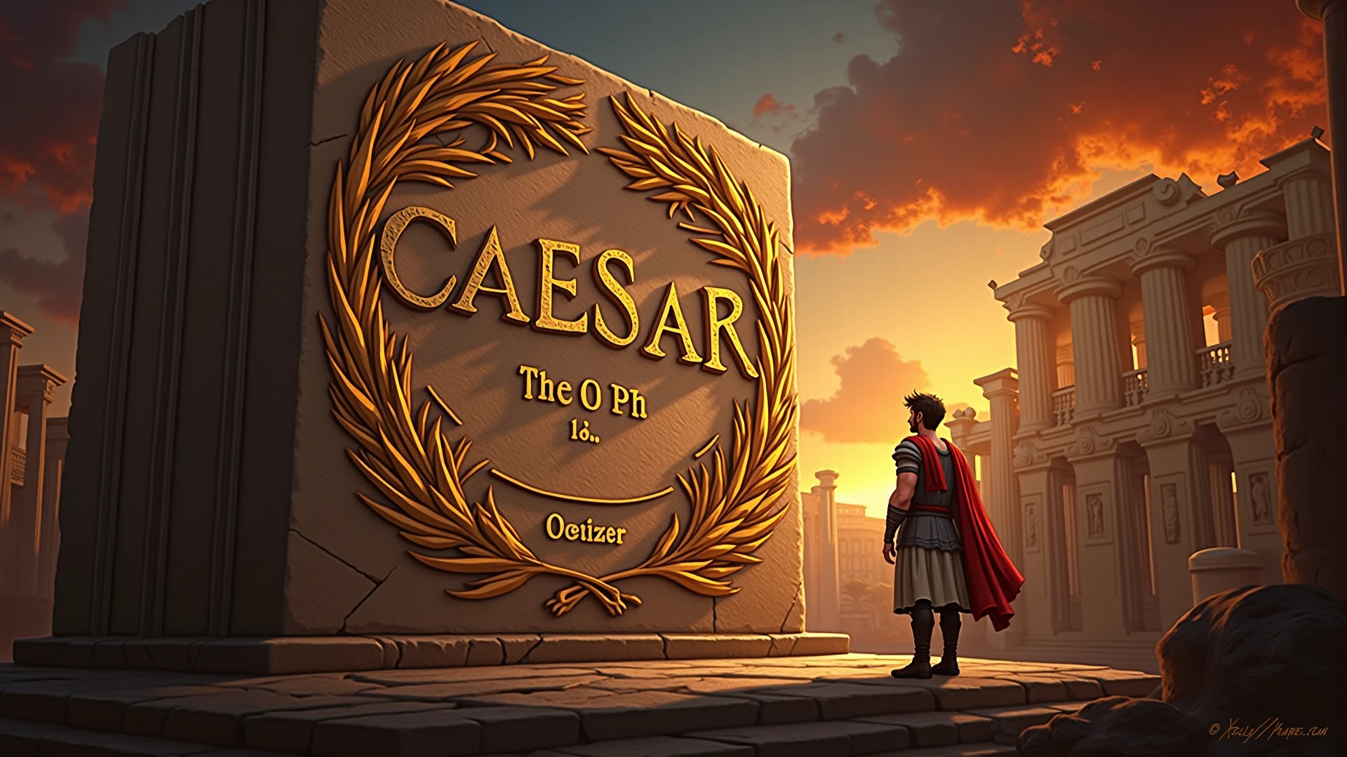 Stylized image of Caesar’s name carved into stone beside a golden ...