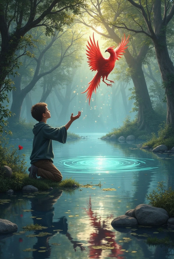 A boy kneeling beside a magical mirror pond in a glowing silver grove ...