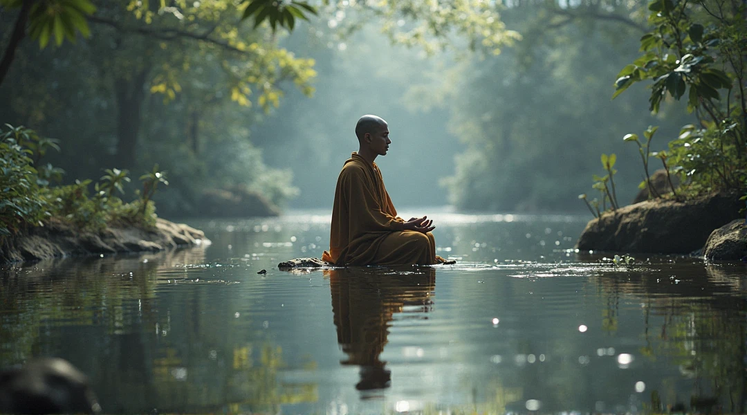 Image 63: A calm reflection of the monk on a still pond, symbolizing ...